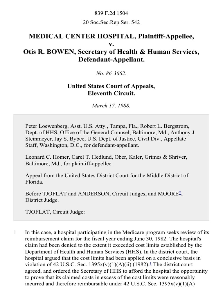Medical Center Hospital v. Otis R. Bowen, Secretary of Health & Human ...
