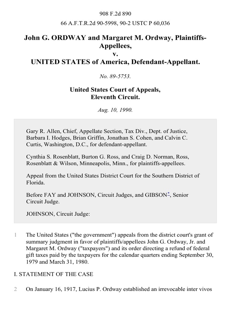 John G. Ordway and Margaret M. Ordway v. United States, 908 F.2d 890 ...