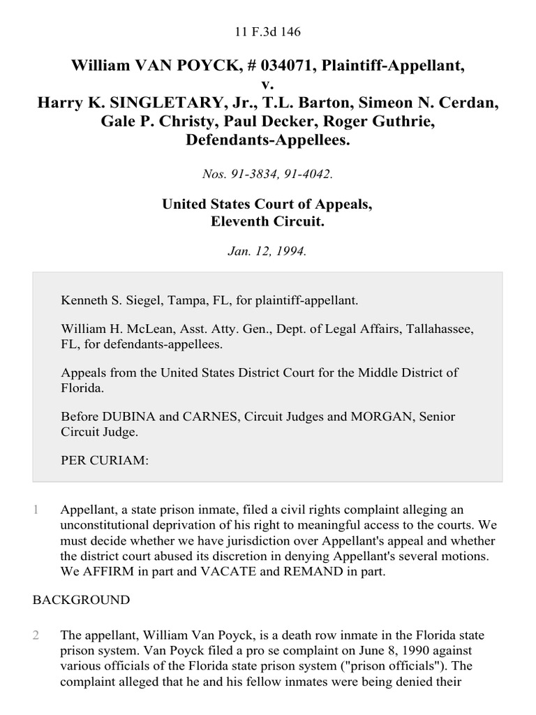 Van Poyck v. Singletary: Access to Courts Appeal | PDF | Complaint ...