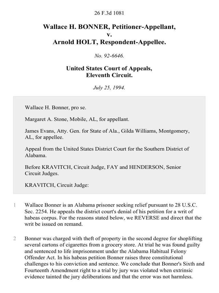 Wallace H. Bonner v. Arnold Holt, 26 F.3d 1081, 11th Cir. (1994) | PDF ...