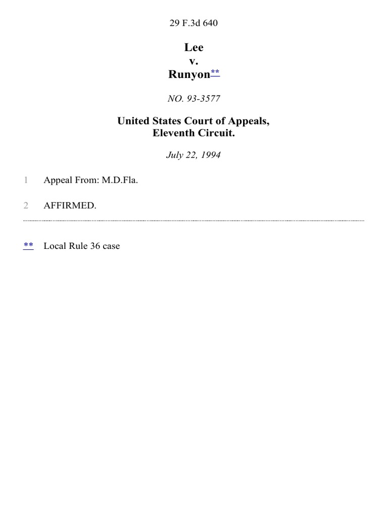 Lee v. Runyon, 29 F.3d 640, 11th Cir. (1994) | PDF | Law | Sports ...