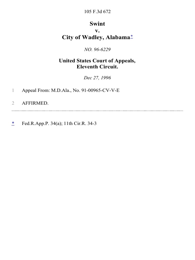 Swint v. City of Wadley, Alabama, 105 F.3d 672, 11th Cir. (1996) | PDF ...