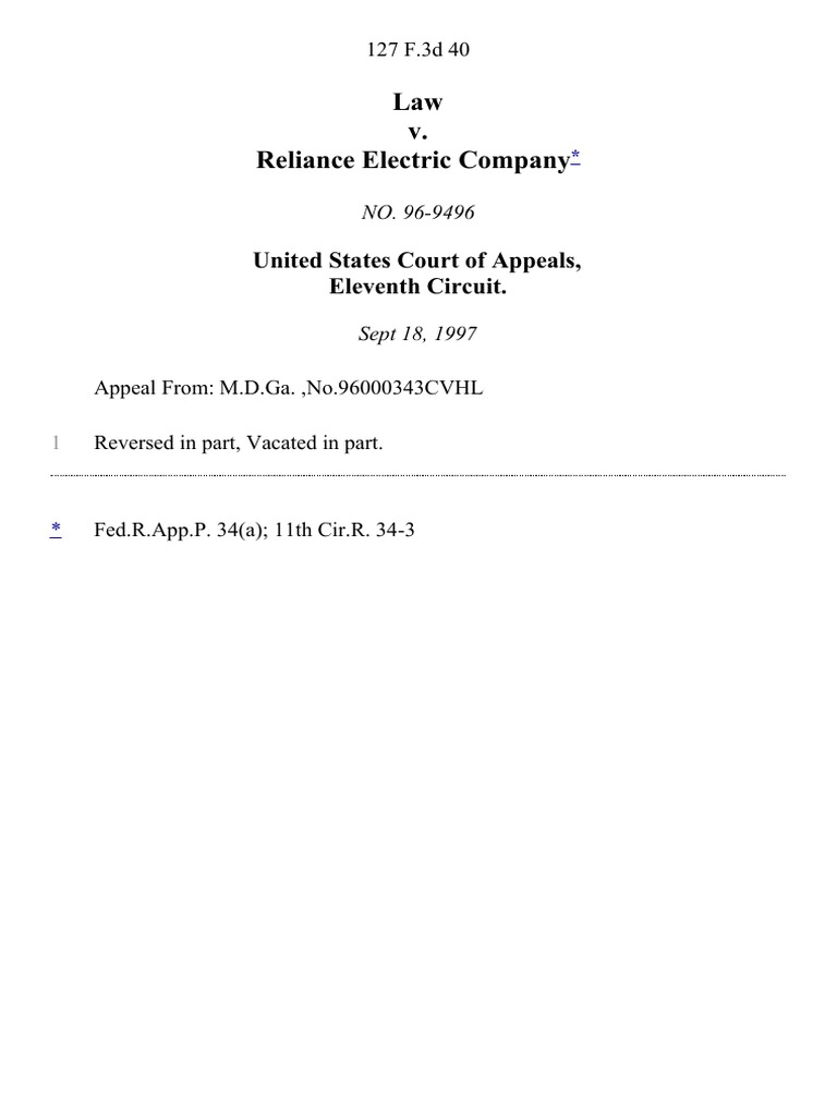 Law v. Reliance Electric Company, 127 F.3d 40, 11th Cir. (1997) | PDF