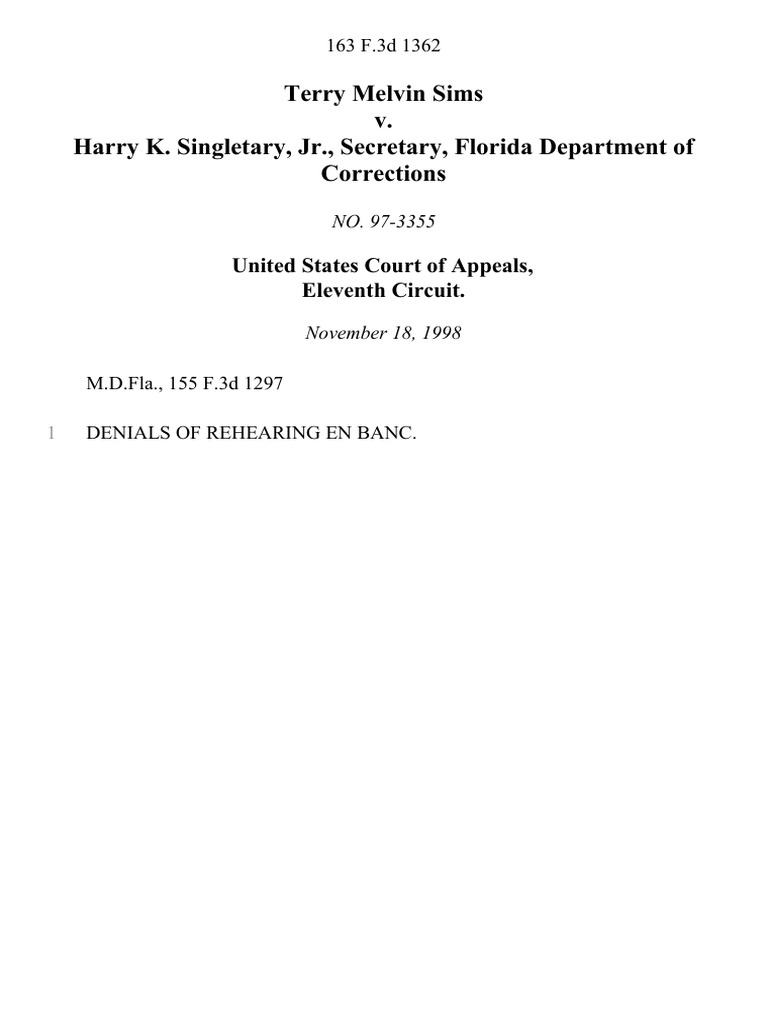 Terry Melvin Sims v. Harry K. Singletary, JR., Secretary, Florida ...