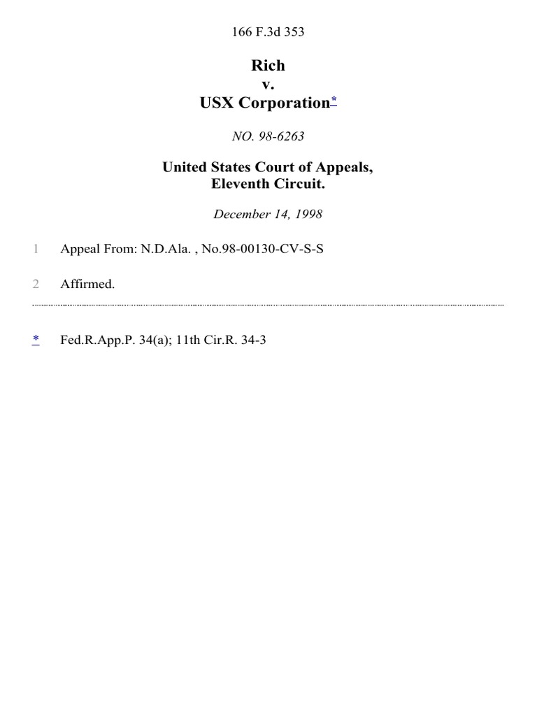 Rich v. Usx Corporation, 166 F.3d 353, 11th Cir. (1998) | PDF | Politics | Law