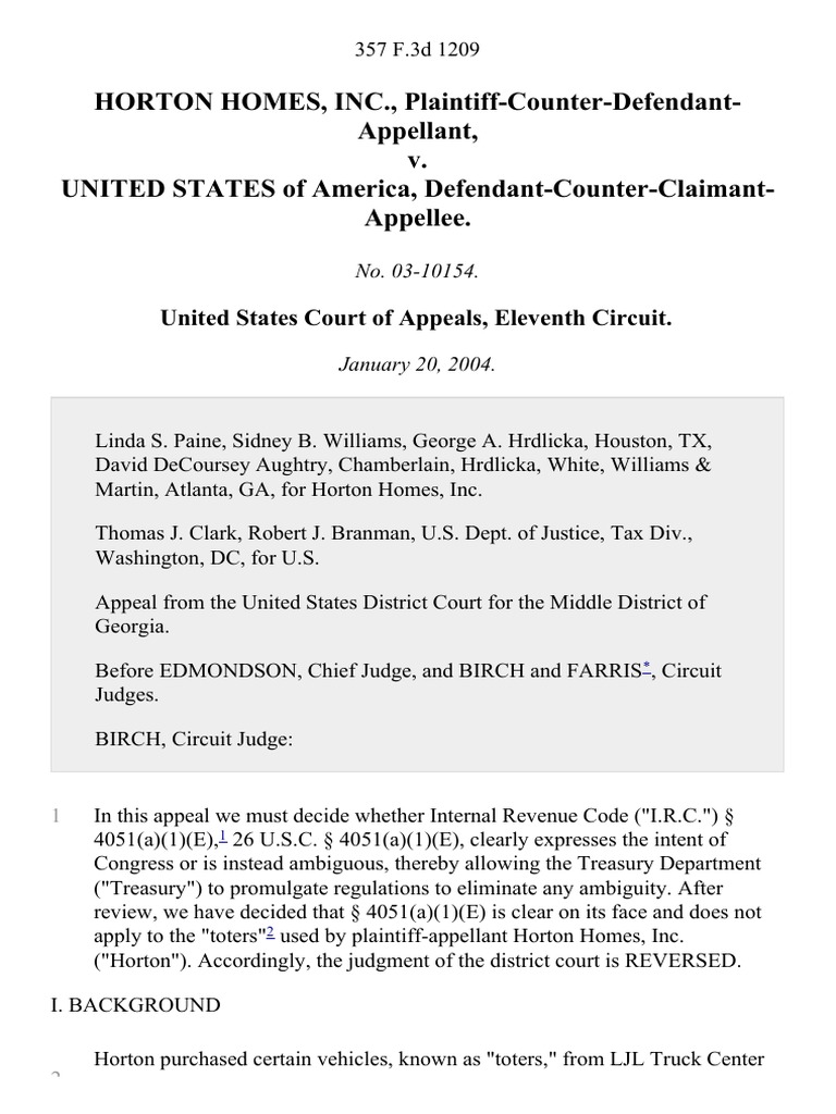HORTON HOMES, INC., Plaintiff-Counter-Defendant-Appellant, v. UNITED ...