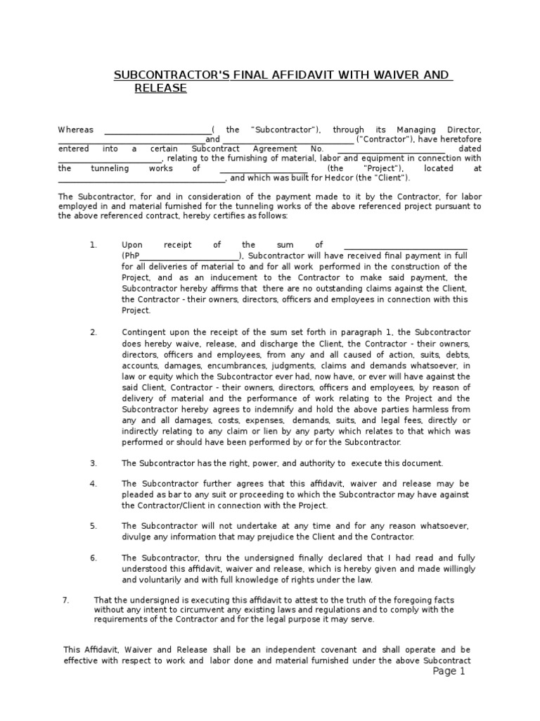 Subcontractor Affidavit With Waiver and Release2 | PDF | General ...