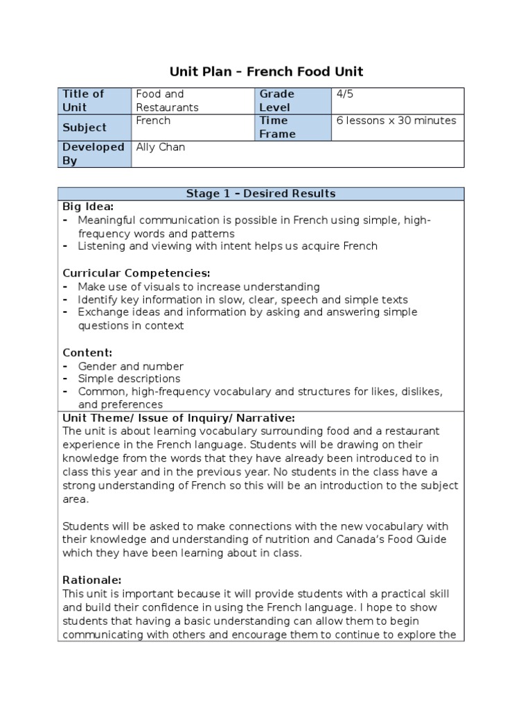 Unit Plan - French Food Unit | PDF | Menu | Vocabulary