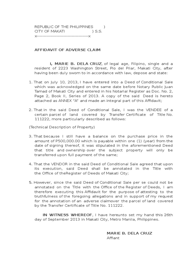 Affidavit of Adverse Claim | PDF | Deed | Affidavit