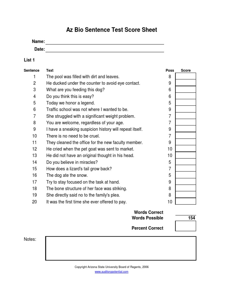 Az Bio Sentence Test Score Sheet: Name: Date: List 1 | Download Free ...