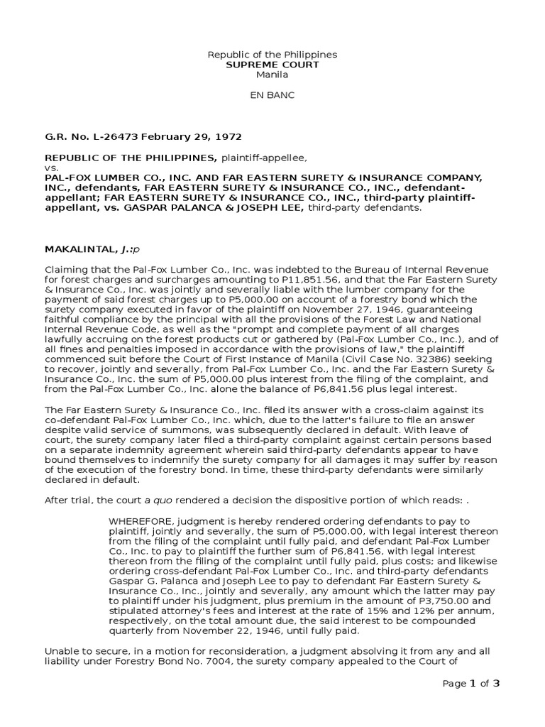 RP V Pal-Fox Lumber - GR L-26473 | PDF | Guarantee | Surety Bond