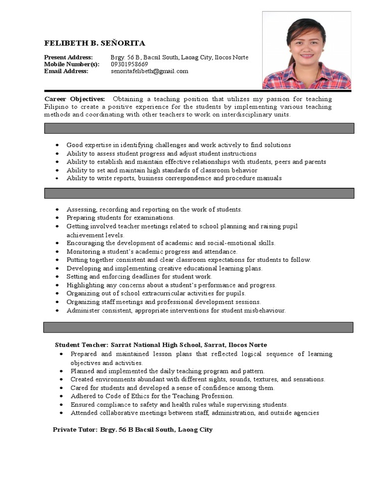 Filipino Teacher Resume for St. James Academy | PDF | Lesson Plan ...