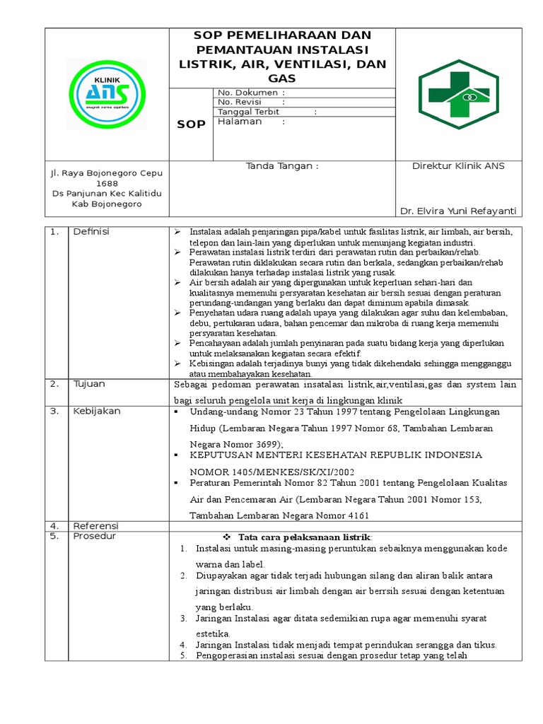 Sop Pemeliharaan Dan Pemantauan Instalasi Listrik, Air, Ventilasi, Gas ...