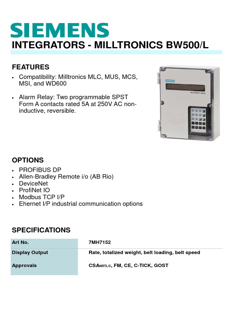 Milltronics BW500/L Integrator Options | PDF