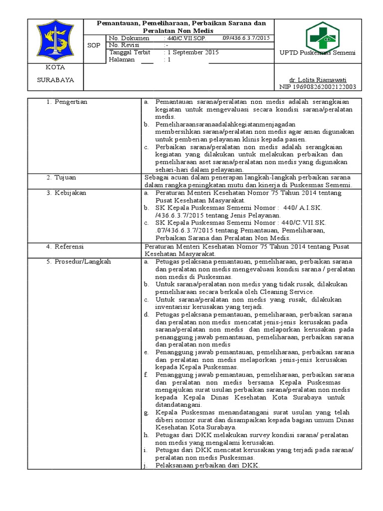 Sop Pemantauan, Pemeliharaan, Perbaikan Sarana Dan Peralatan Non Medis | PDF
