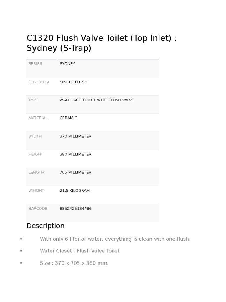 C1320 Flush Valve Toilet (Top Inlet) : Sydney (S-Trap) : Description | PDF