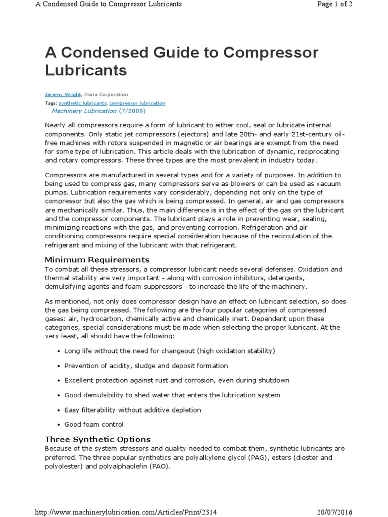 A Condensed Guide To Compressor Lubricants | PDF | Lubricant | Materials