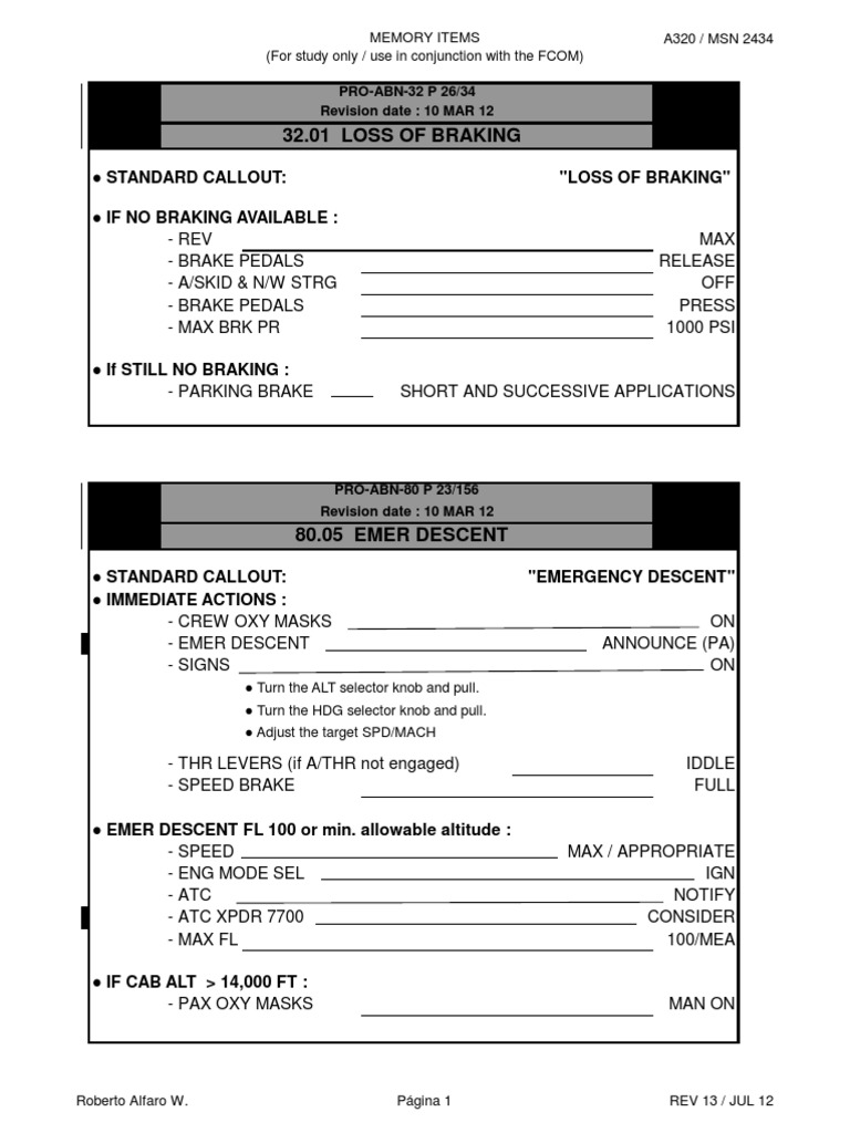 Memory Items A320 | PDF | Takeoff | Stall (Fluid Mechanics)