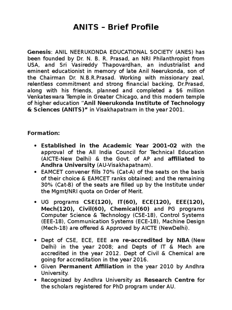 ANITS Brief Profile | PDF | Computers