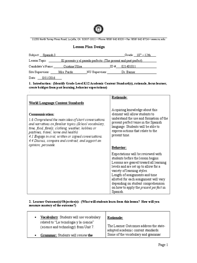 Lesson Plan El Presente Perfecto | PDF | Perfect (Grammar ...