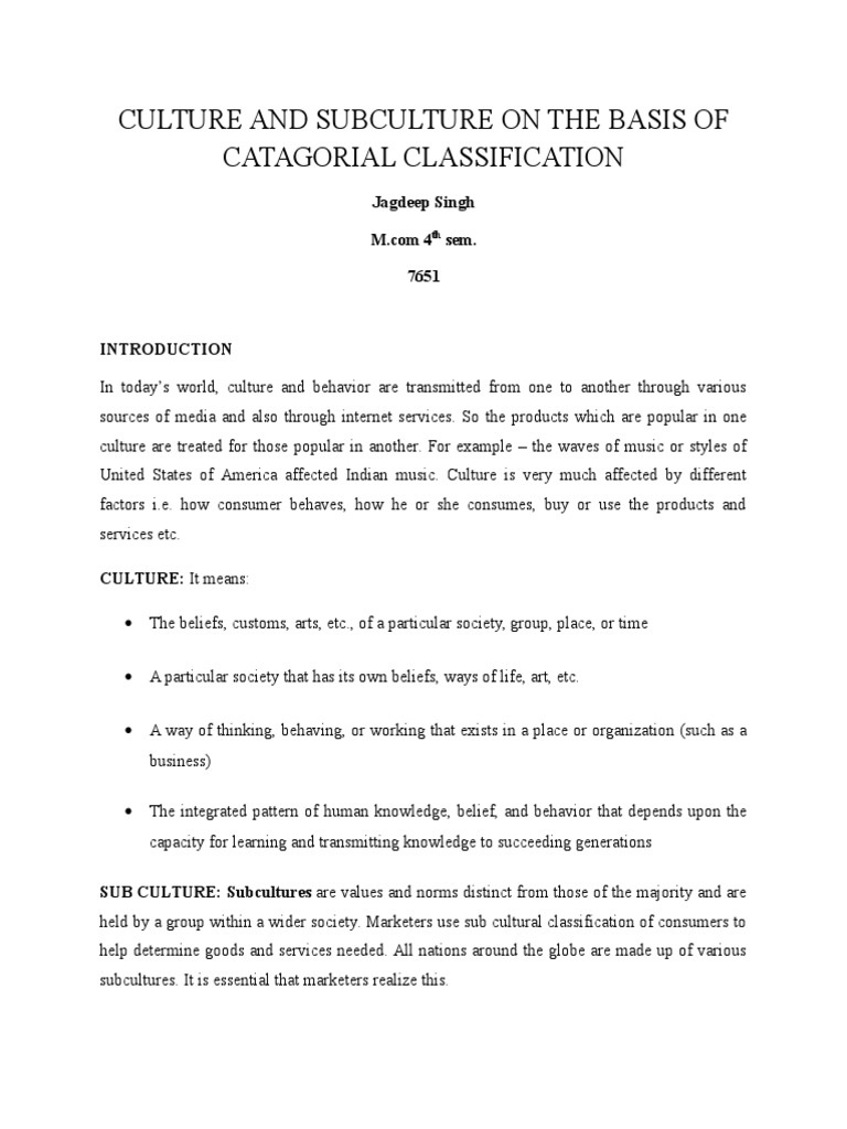 Culture and Subculture On The Basis of Catagorial Classification | PDF ...