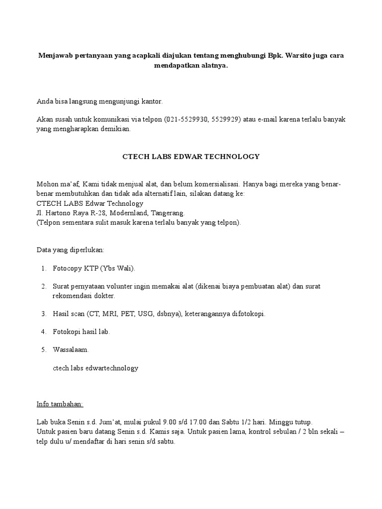 Alamat Pak Warsito - Alat Mengobati Kanker | PDF | Kesehatan Holistik ...