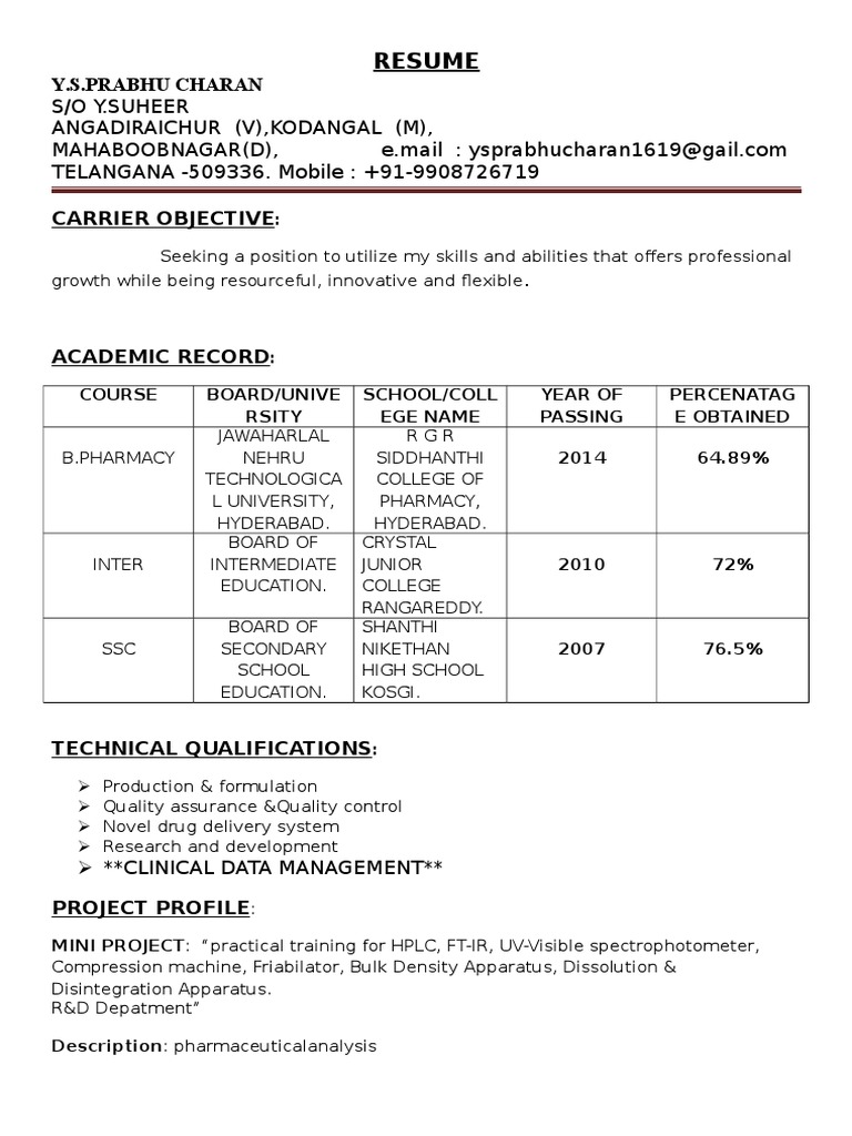 Y.S. Prabhu Charan's Pharmacy Resume | PDF | Career & Growth | Business