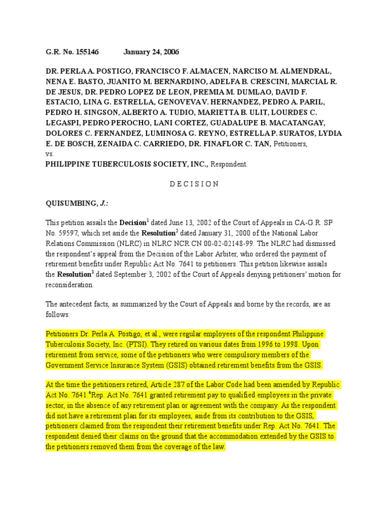 DR Postigo v. Tuberculosis Society | PDF | Surety Bond | Employment