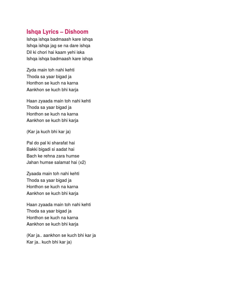 Ishqa Lyrics - Dishoom | PDF