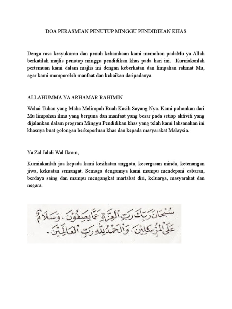 Doa Perasmian Penutup Minggu Pendidikan Khas | PDF