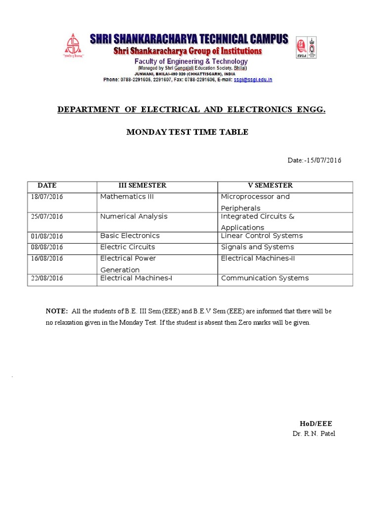 EEE Monday Test Schedule 2016 | PDF | Science & Mathematics
