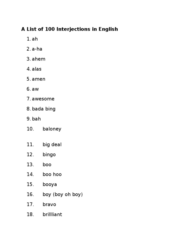 A List of 100 Interjections in English | PDF