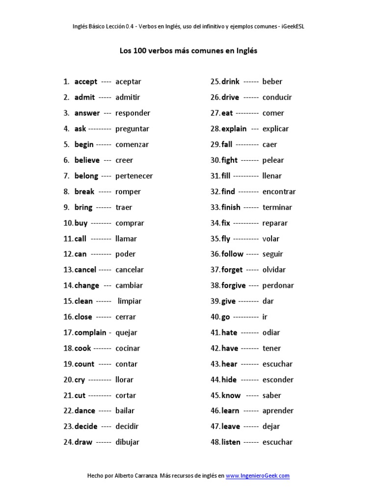 100 Verbos Comunes en Inglés | PDF | Hogar, jardinería y bricolaje
