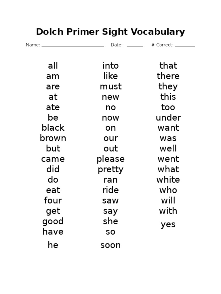 Dolch Primer Sight Words List | PDF