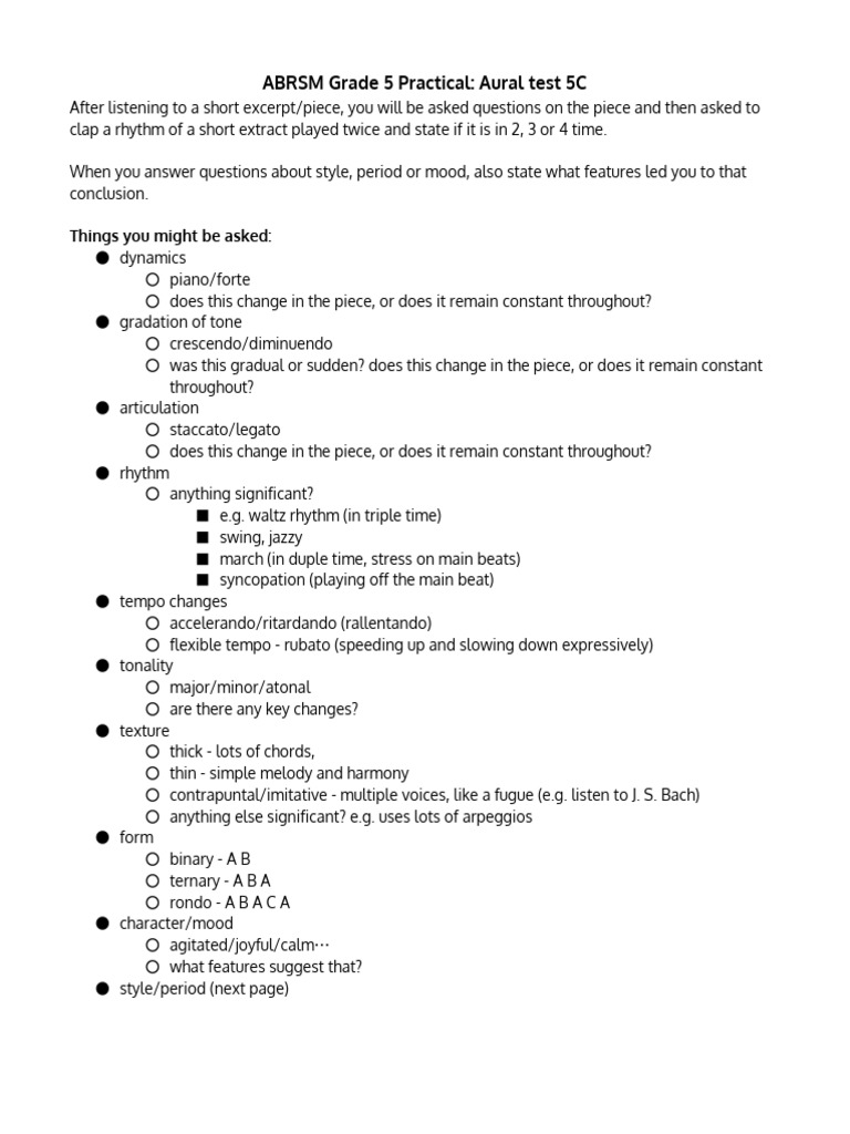 ABRSM Grade 5 Aural Test 5C Checklist PDF | PDF | Language Arts ...