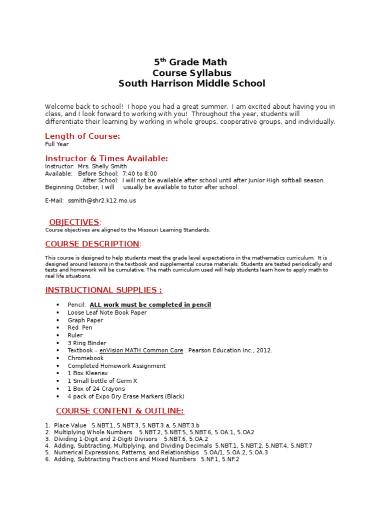 Classroom Rules and Expectations Syllabus Shhs Grade 5 | PDF | Homework ...