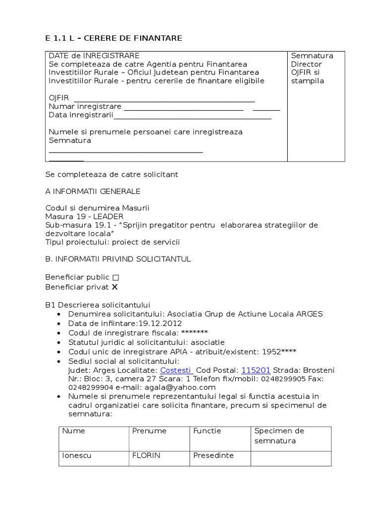 Model Cerere de Finantare