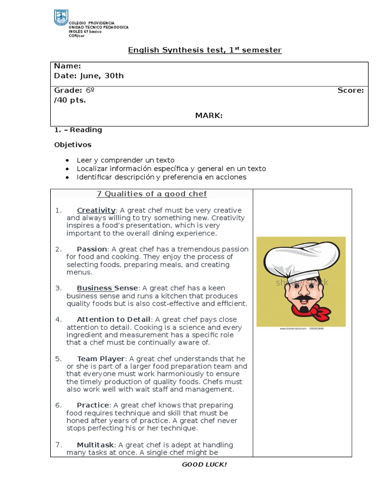 6° Synthesis Test, 1st Semester 2016 6°B | PDF | Food And Drink | Cooking