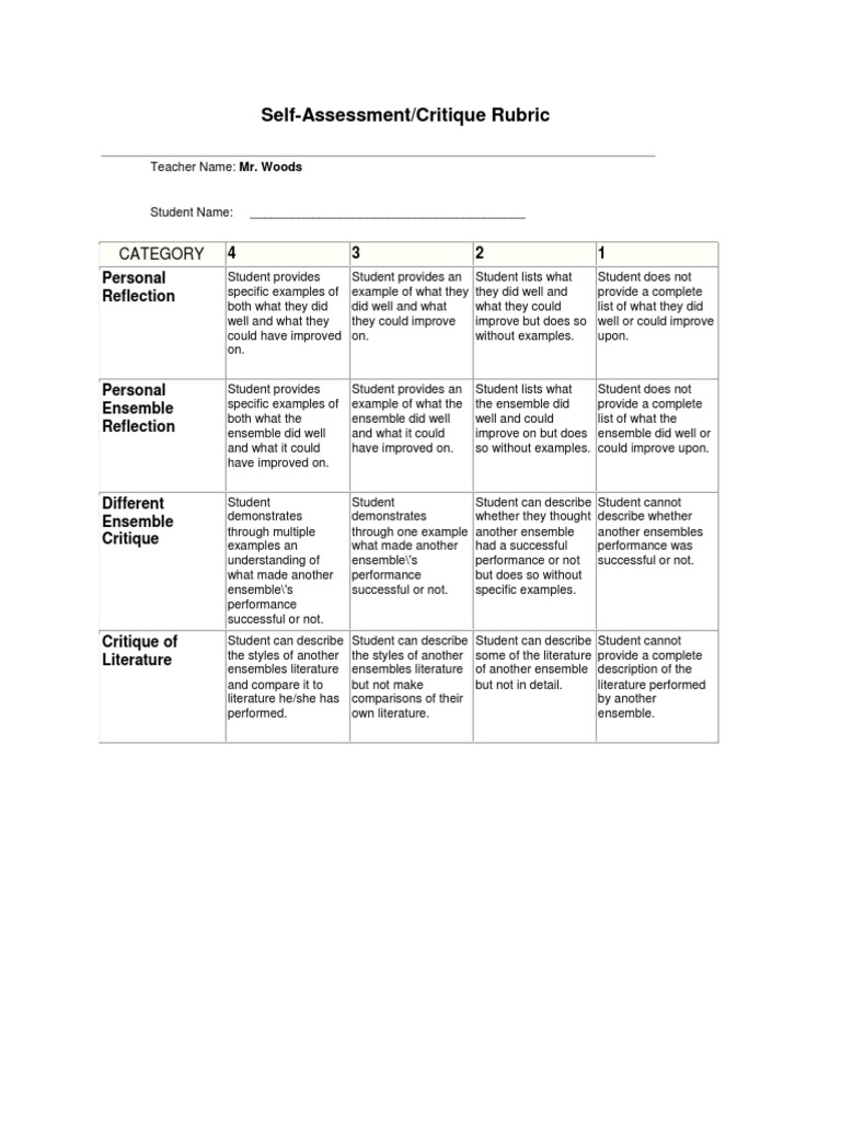 Self Assessment-Critique Rubric | PDF | Career & Growth | Self-Improvement