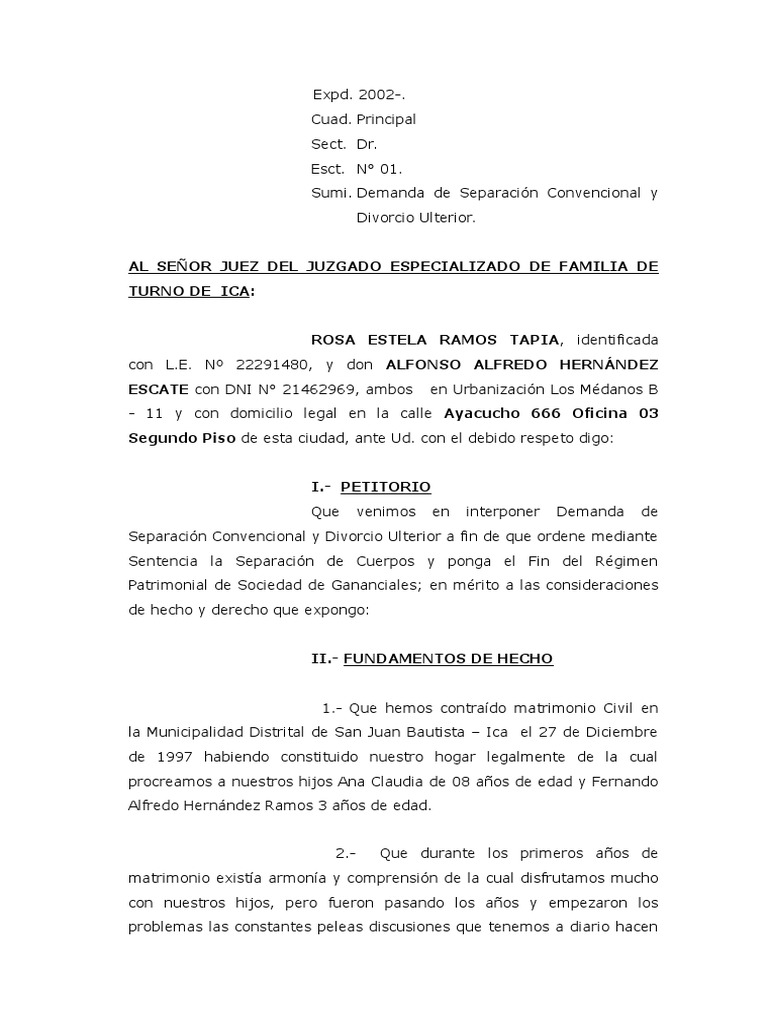 Demanda de Separación Convencional y Divorcio Ulterior. | PDF ... Demanda de Separación Convencional y Divorcio Ulterior. | PDF ...
