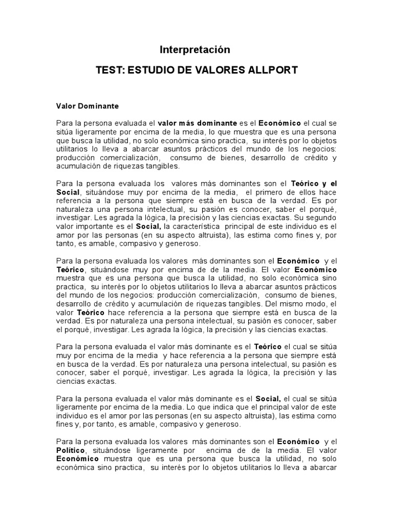Interpretación - ALLPORT - VALORES | PDF | Conocimiento | Ciencias ...