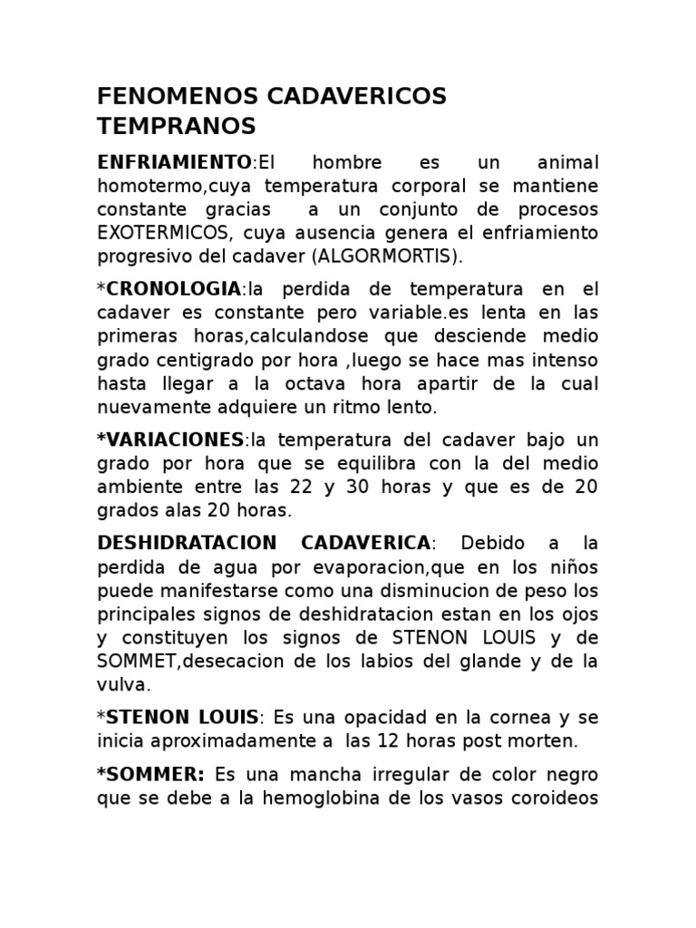 Fenómenos Cadavéricos Tempranos y Tardíos | PDF | Descomposición | Sangre
