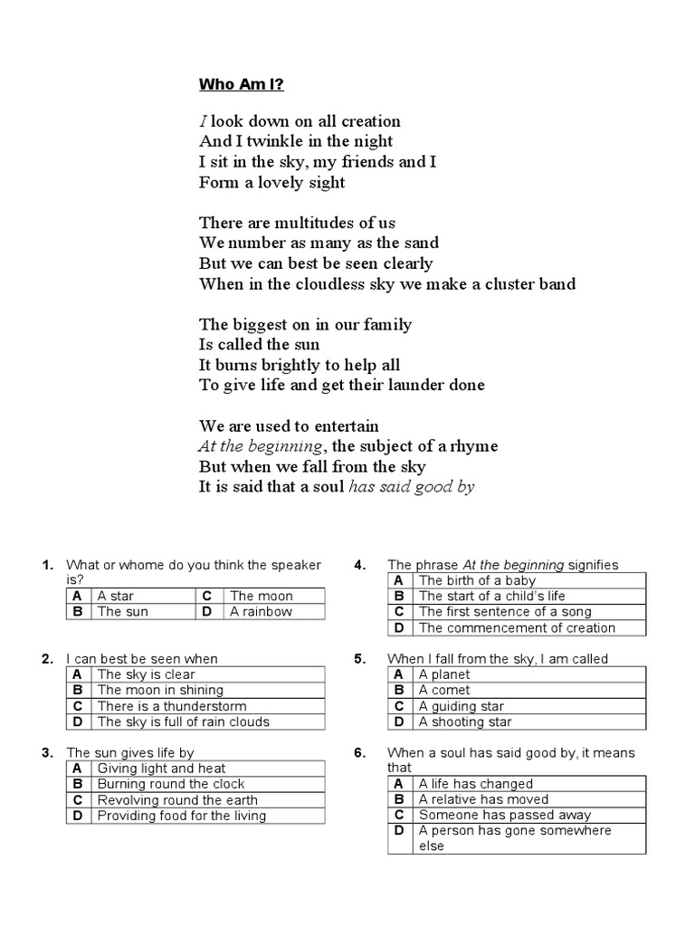 POEM - Who Am I (With Questions) | PDF | Sky | Stars