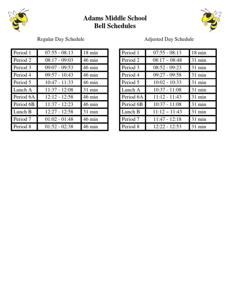 Adams Middle School Bell Schedules