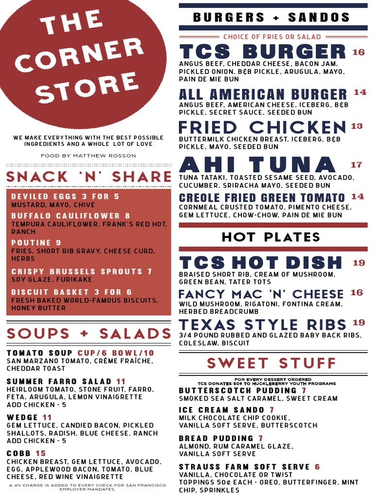 The Corner Store Menu | Milkshake | Hamburgers