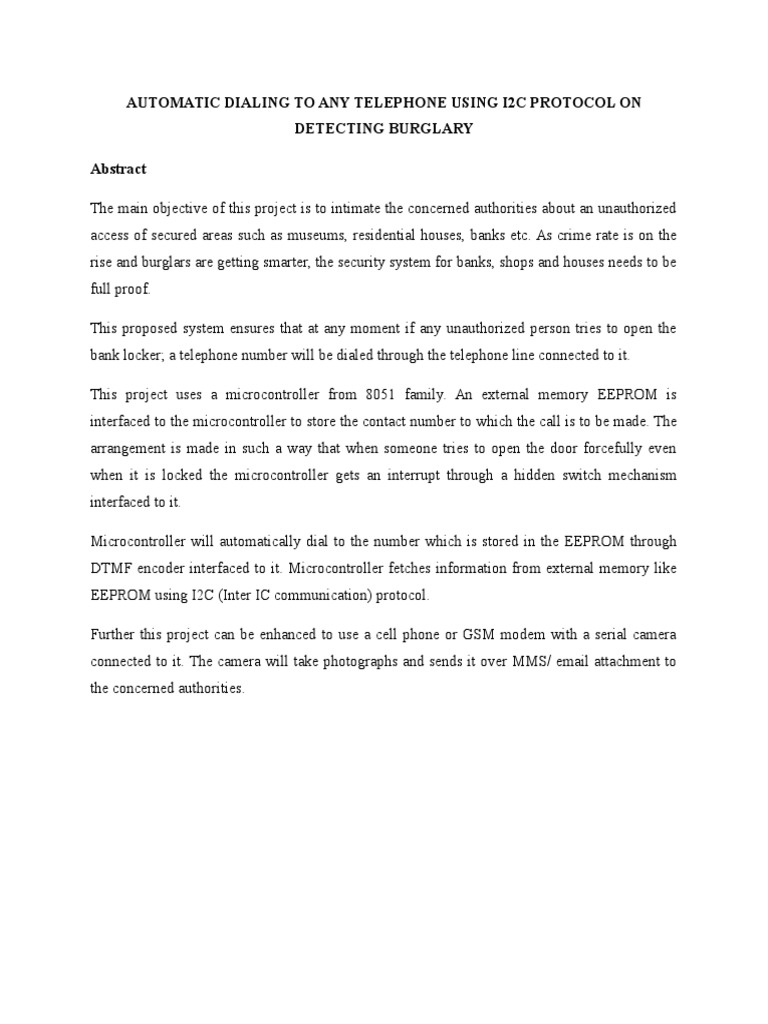 Automatic Dialing To Any Telephone Using I2c Protocol On Detecting ...