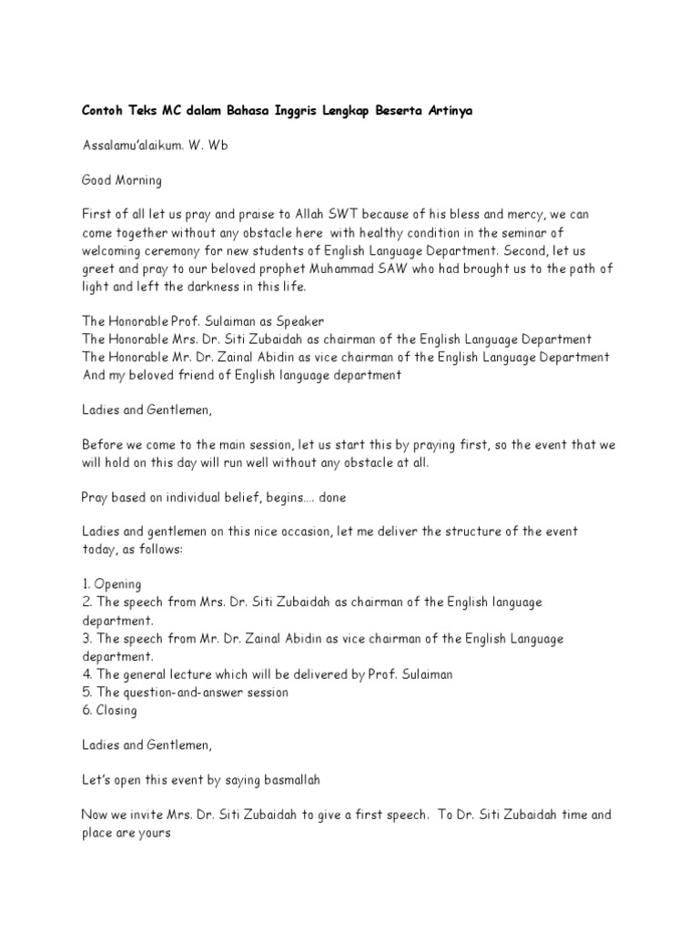 Contoh Teks MC Dalam Bahasa Inggris Leng | PDF