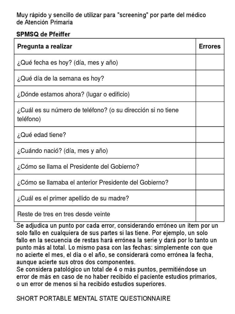 Short Portable Mental State Questionnaire | PDF