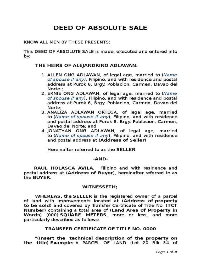Deed of Absolute Sale | PDF | Sales | Civil Law (Common Law)