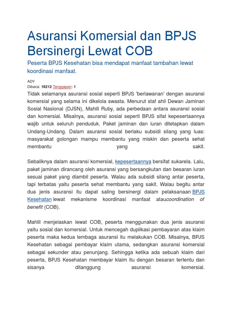 Asuransi Komersial Dan BPJS Bersinergi Lewat COB | PDF